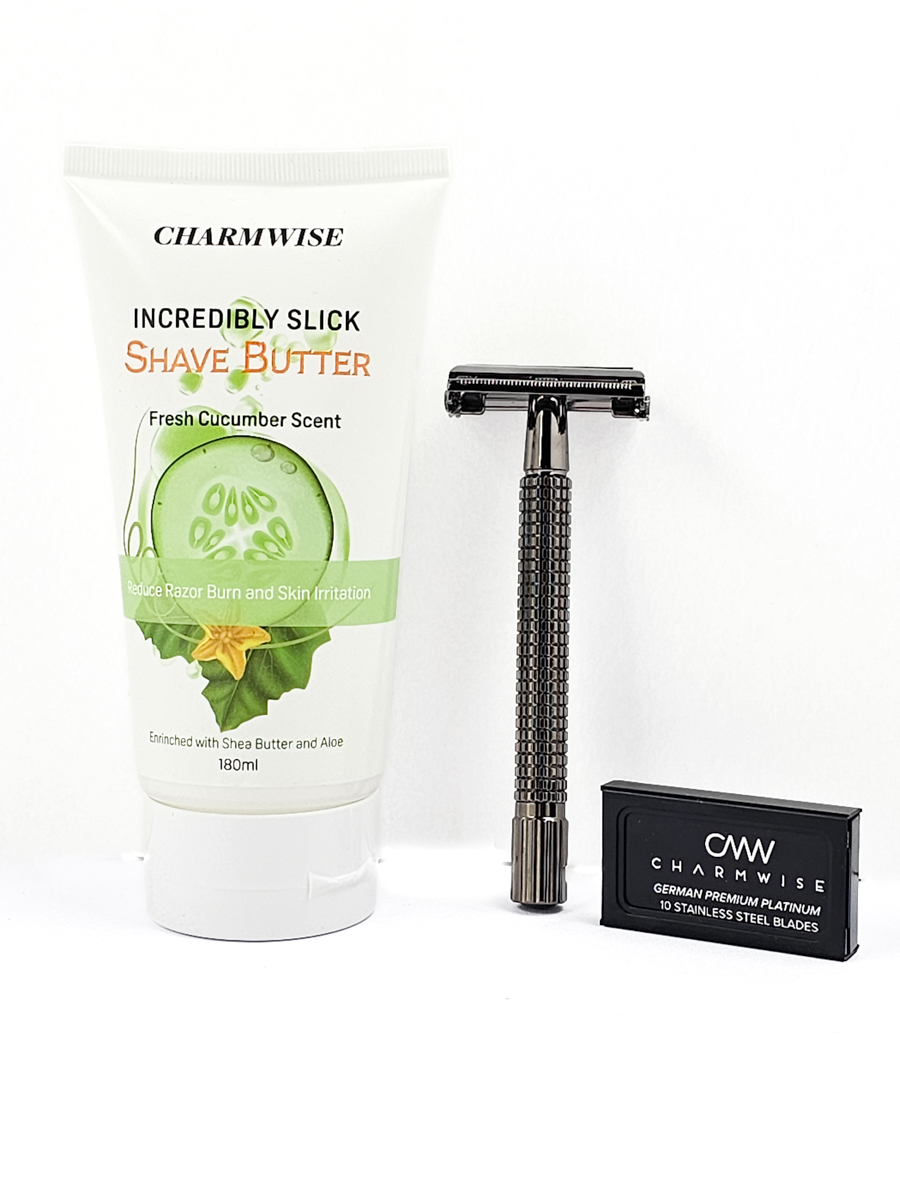 Charmwise Body Shaving Double Edge Safety Razor Set with Shave Butter